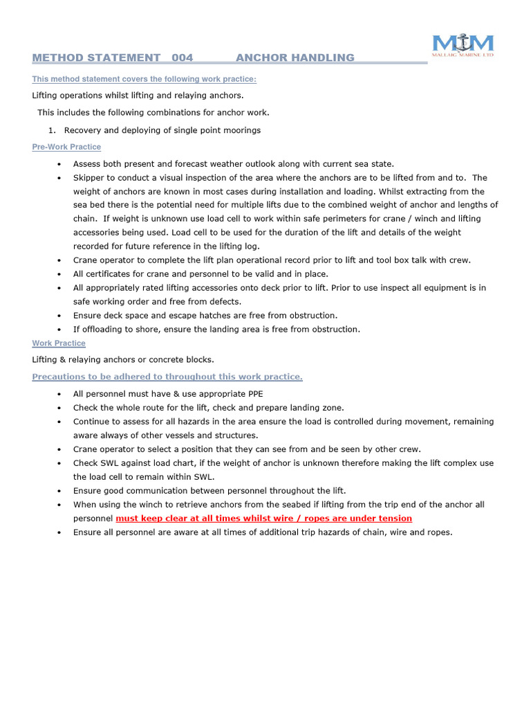 Anchor Handling Method Statement 0 | Download Free PDF | Anchor | Crane ...