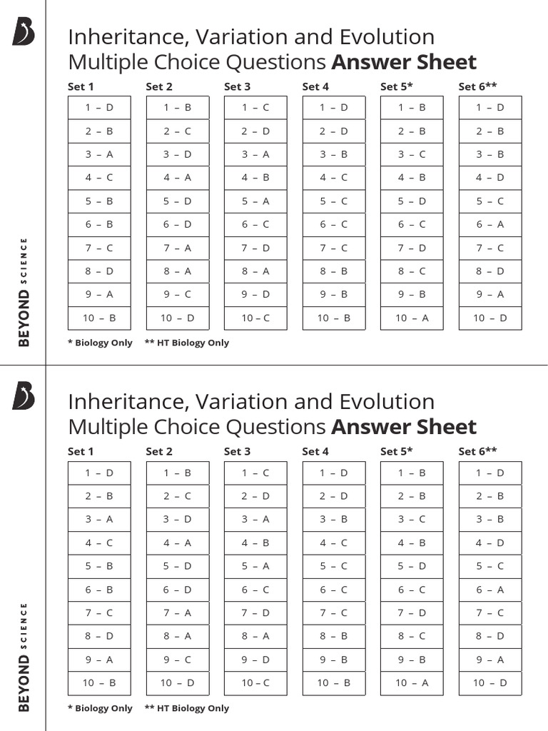 Inheritance Variation And Evolution Mcqs Answer Sheet Pdf 7723