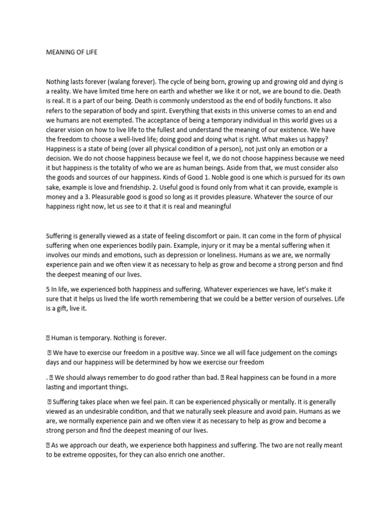 MEANING-OF-LIFE Philosophy Notes | PDF | Happiness | Suffering