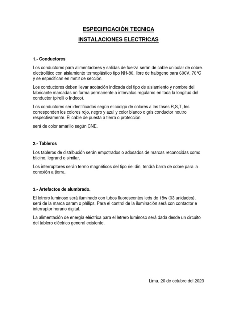 Instalaciones Eléctricas: Especificaciones Técnicas | PDF