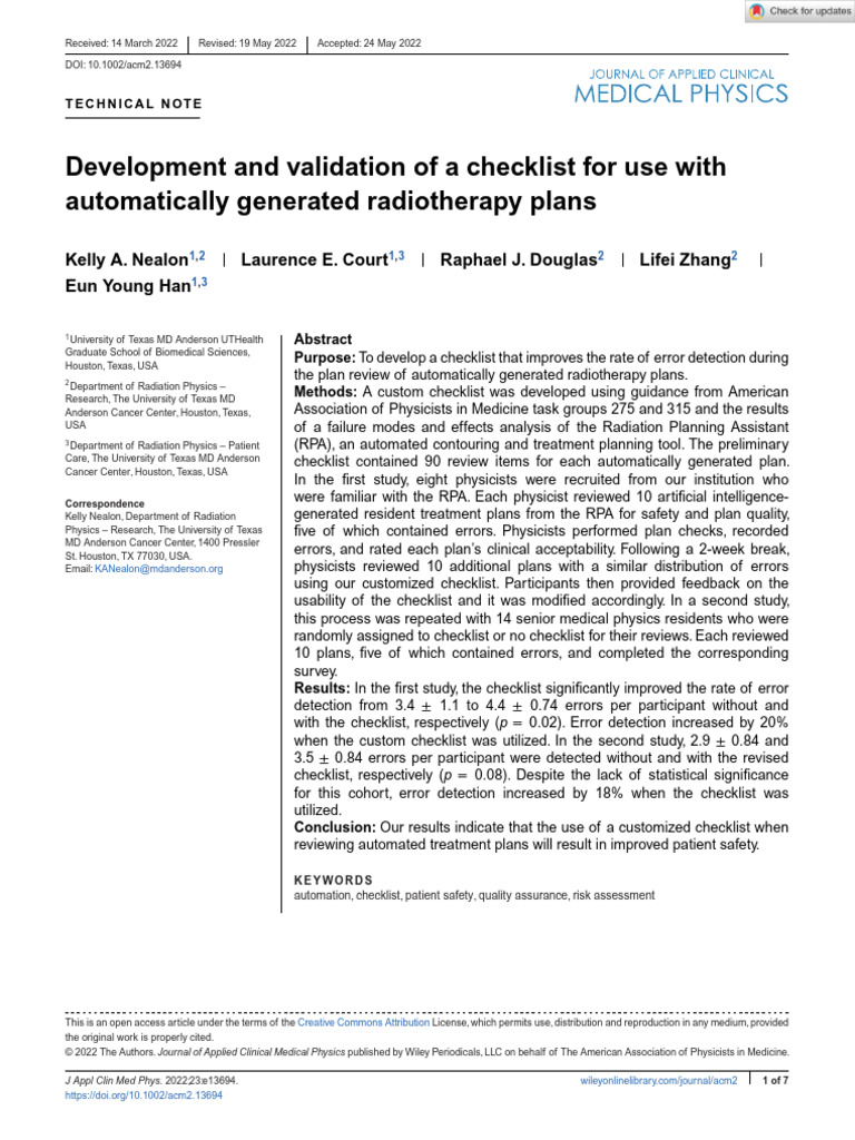 J Applied Clin Med Phys - 2022 - Nealon - Development and Validation of ...