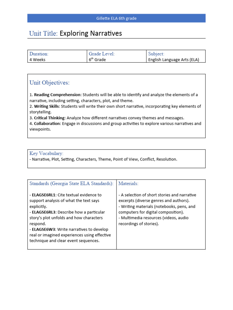 Narratives Ela Unit Plan | PDF | Narrative | Reading Comprehension