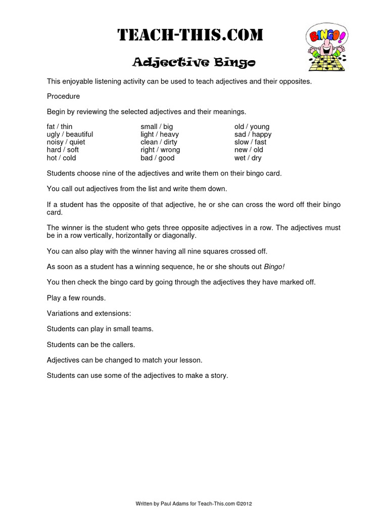 Adjective Bingo Activity Guide | PDF | Language Arts & Discipline
