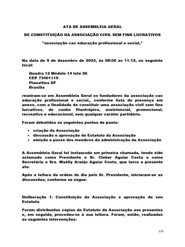 Ata de Assembleia Geral de Constituicao de Associacao | PDF