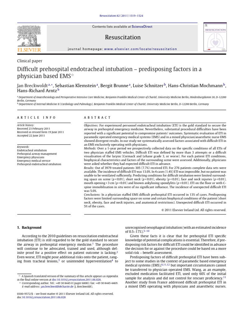 Difficult Prehospital Endotracheal Intubation | PDF | Emergency Medical Services | Cardiac Arrest