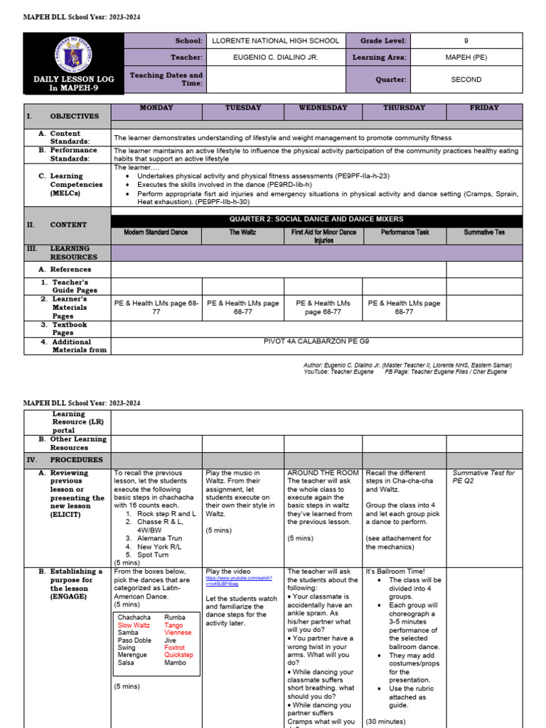 Q2 Dll-Mapeh 9 - Pe | PDF | Ballroom Dance | Performing Arts