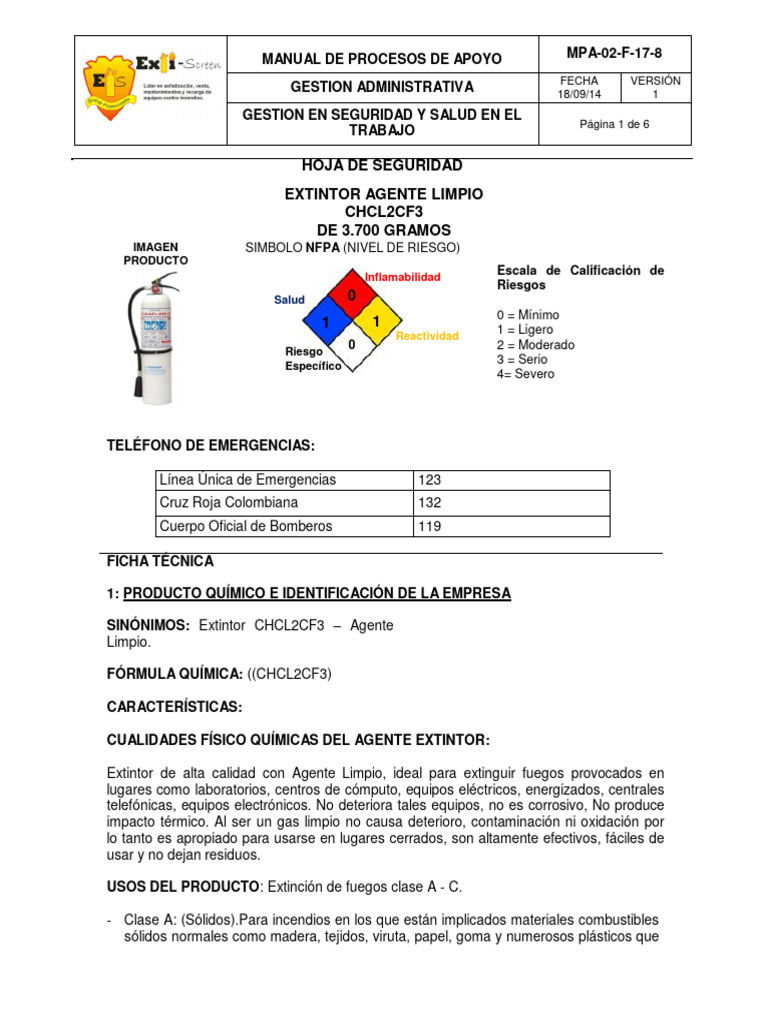 Hoja de Seguridad Agente Limpio Extiscreen | PDF | Agua | Residuos