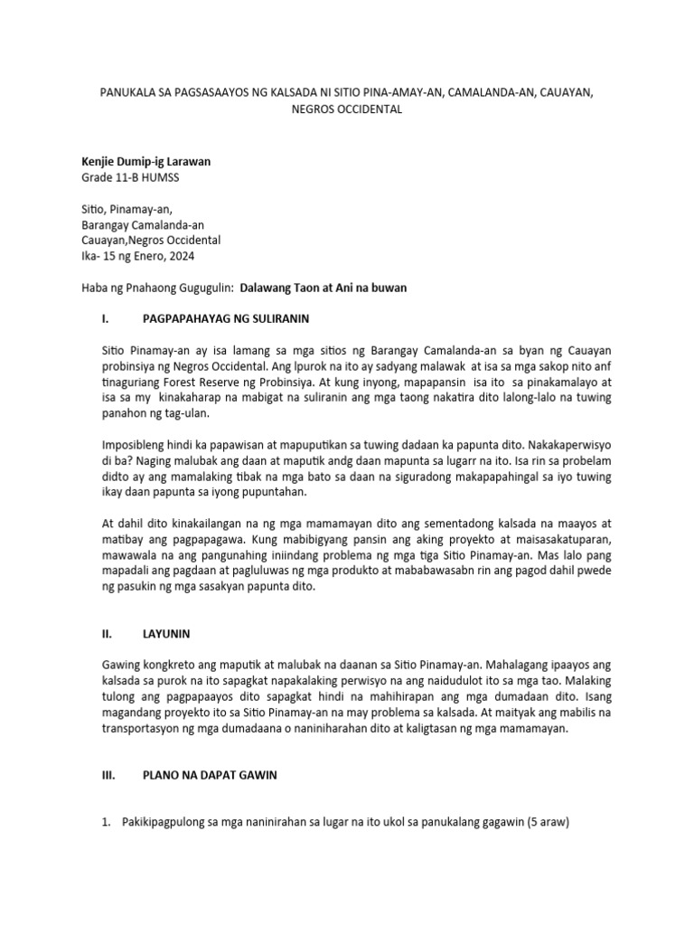 Panukala Sa Pagsasaayos NG Kalsada Ni Sitio Pina | PDF | Science ...