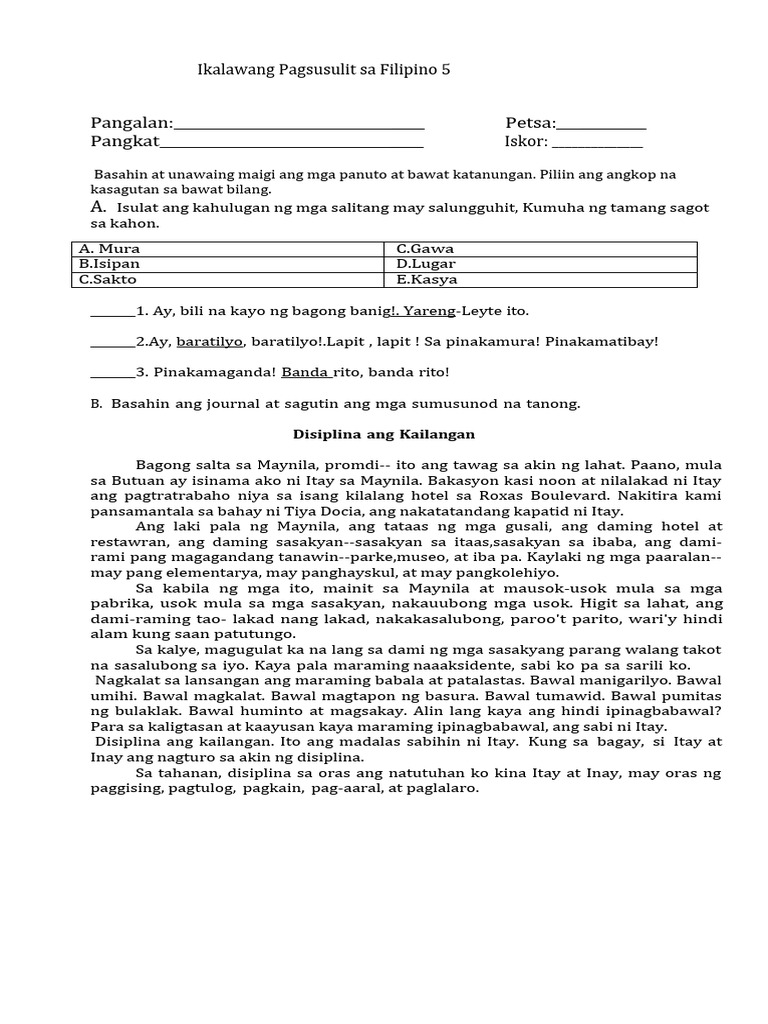 Filipino 5 q2 PT New | PDF