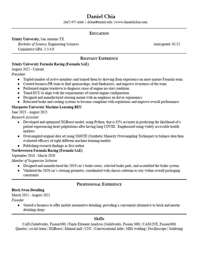Chia Daniel Resume Spring 2024 | PDF | Vehicles