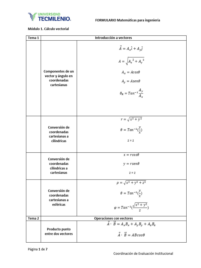 Formulario Matematicas Ing | PDF | Integral | Vector Euclidiano