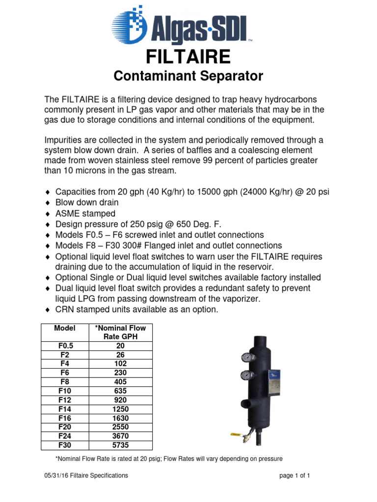Filtaire Contaminant Separator Specs | PDF
