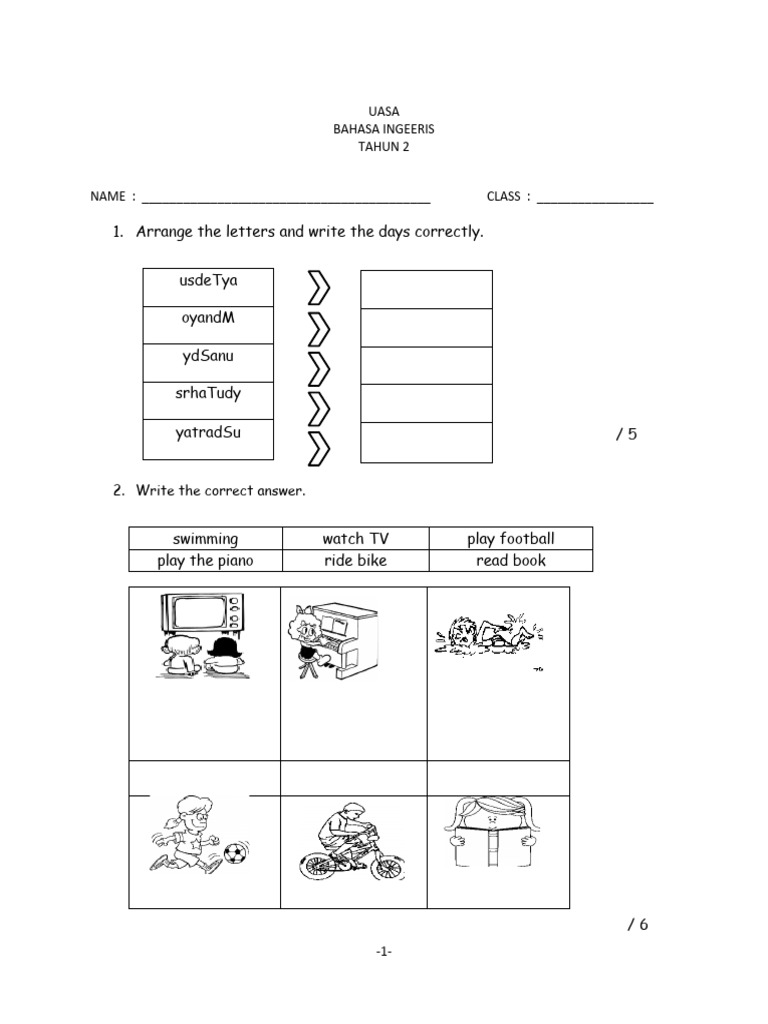 Ujian Bahasa Inggeris Tahun 2 Set 2 | PDF