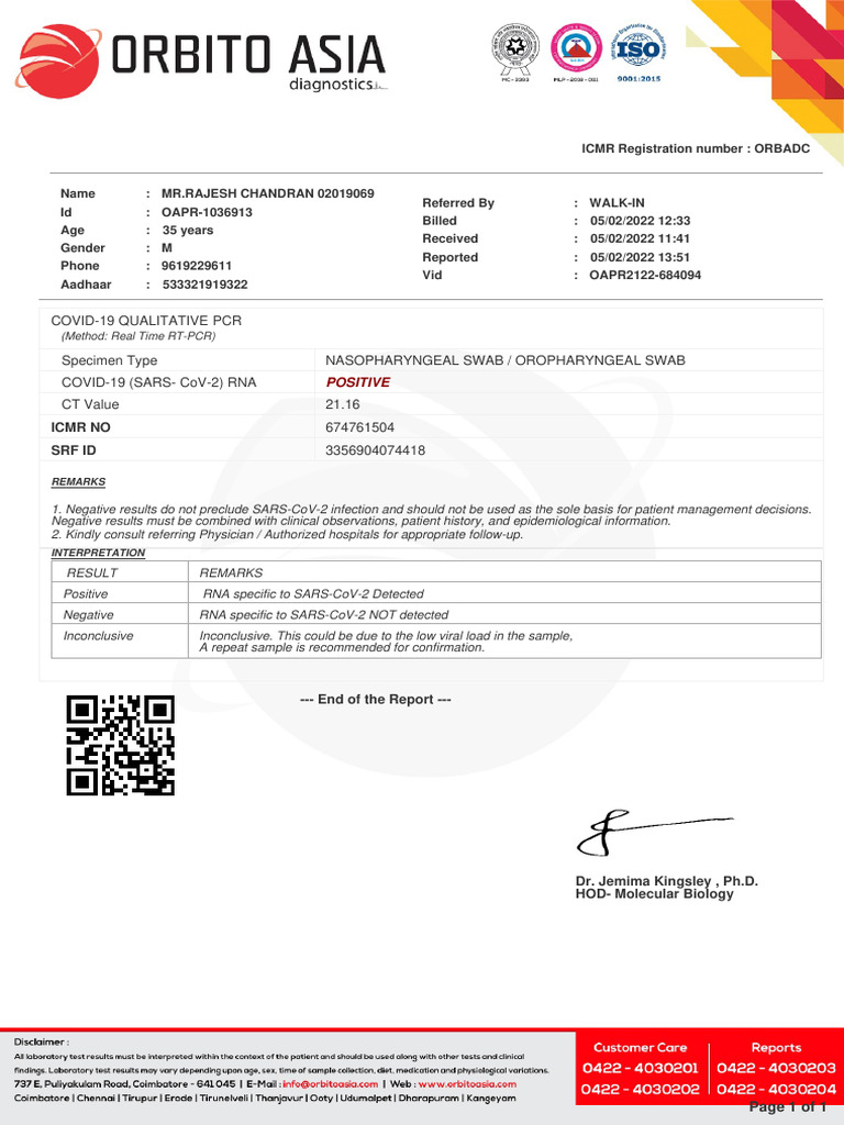 Orbito Asia Covid Positive Lab Report | PDF