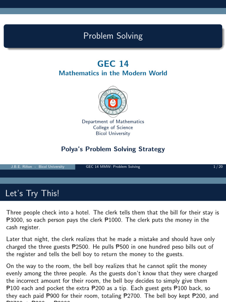 Lecture Notes on Polya's Problem Solving Strategy | PDF | Numbers | Decimal