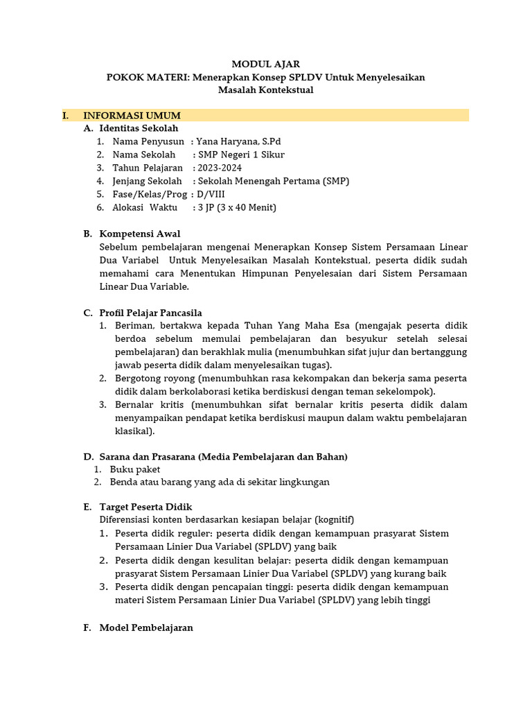 Modul Ajar SPLDV 2 WORD | PDF