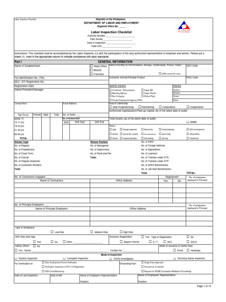 DOLE Labor Inspection Checklist GLS OSHS OSH COVID Rev Feb 2022 ...