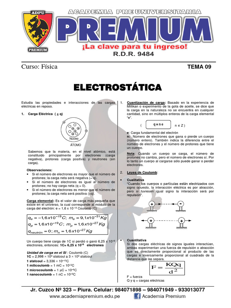 Tema 09 de Fisica - Electrostatica | PDF | Carga eléctrica | Electricidad