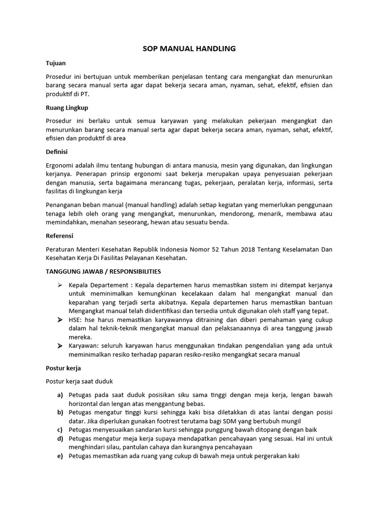 Sop Manual Handling | PDF