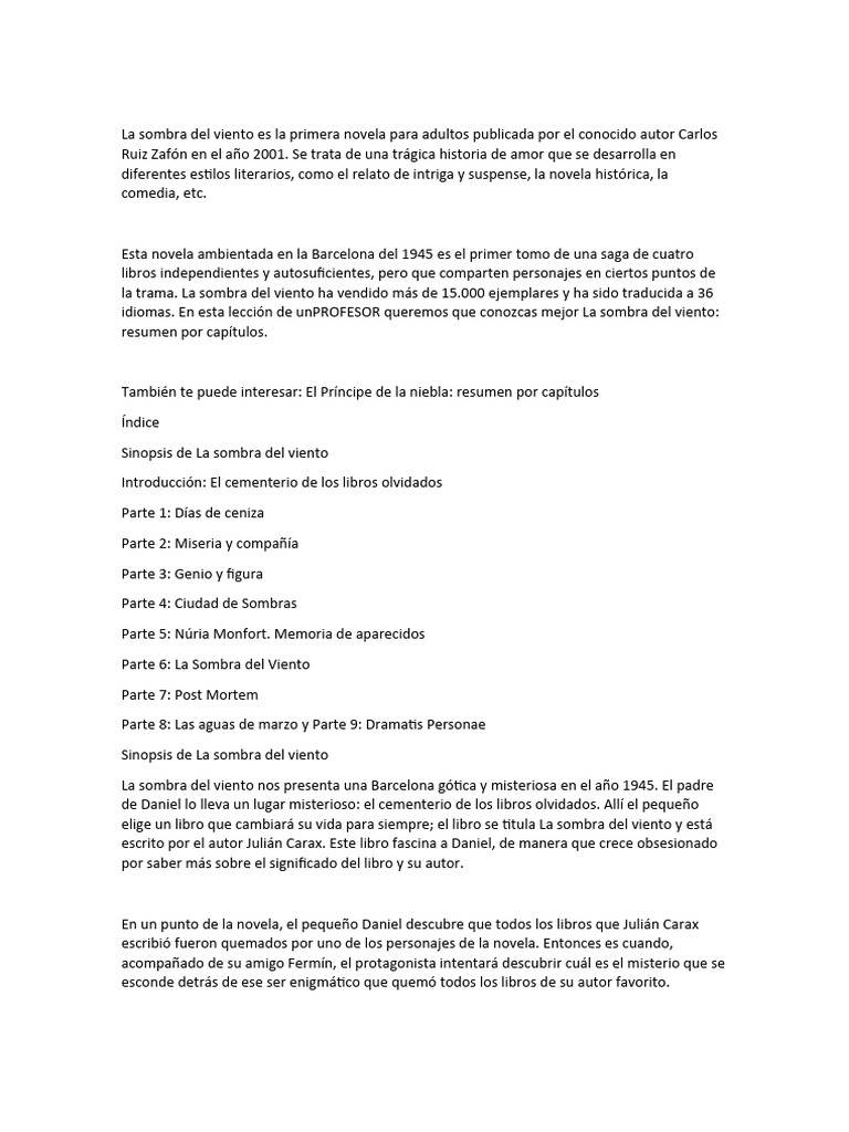 La Sombra Del Viento Es La Primera Novela para Adultos Publicada Por El ...