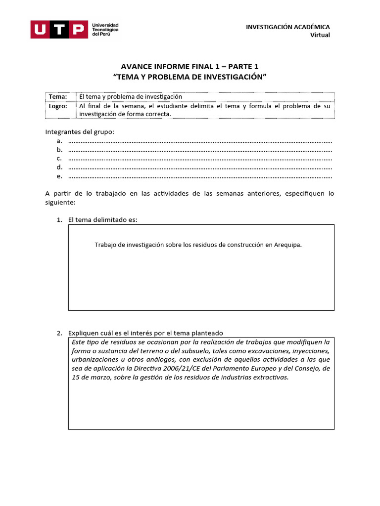 (AC-S02) Semana 02 - Tema 01 Avance de Informe Final 1 (Parte 1) | PDF | Ingeniería