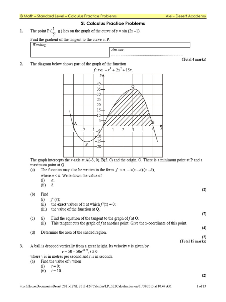 IB MAA SL Calculus Practice | PDF | Slope | Calculus