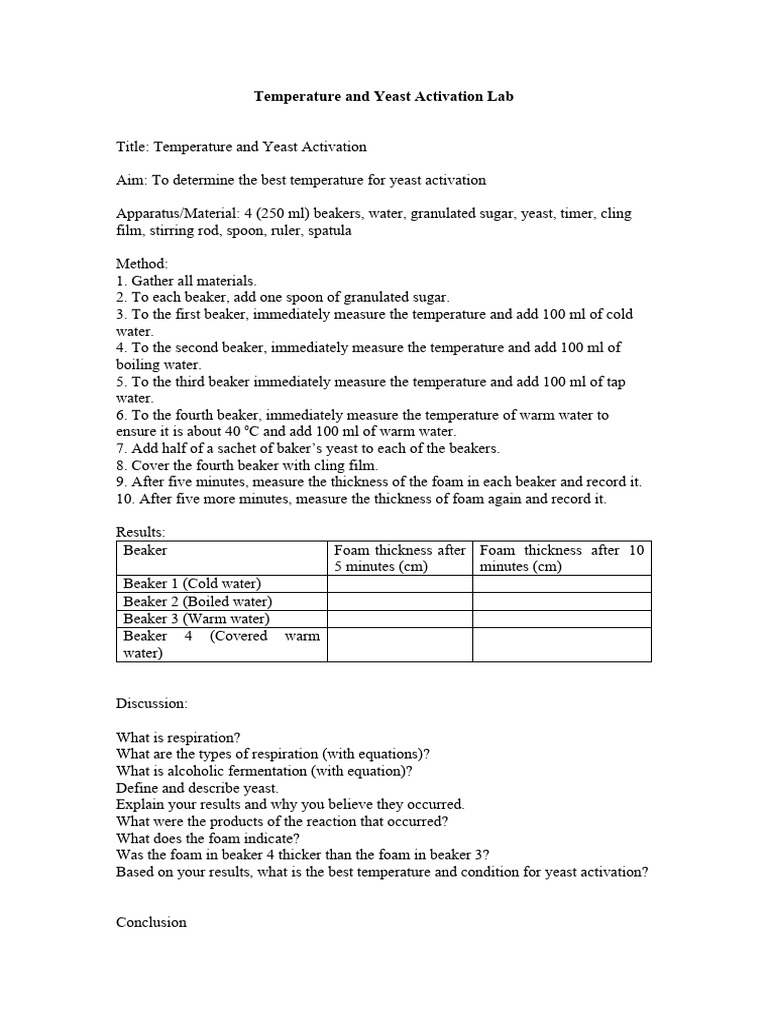 Temperature and Yeast Activation Lab | PDF