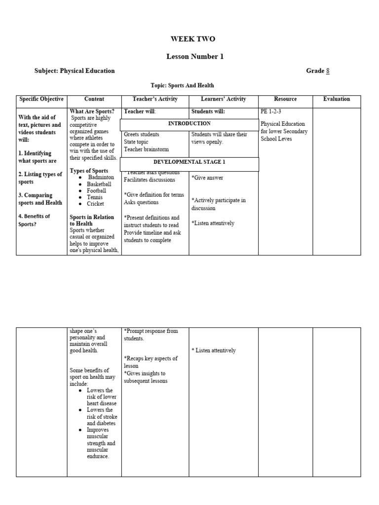 Sports and Health: Grade 8 PE Lesson | PDF | Physical Education | Sports