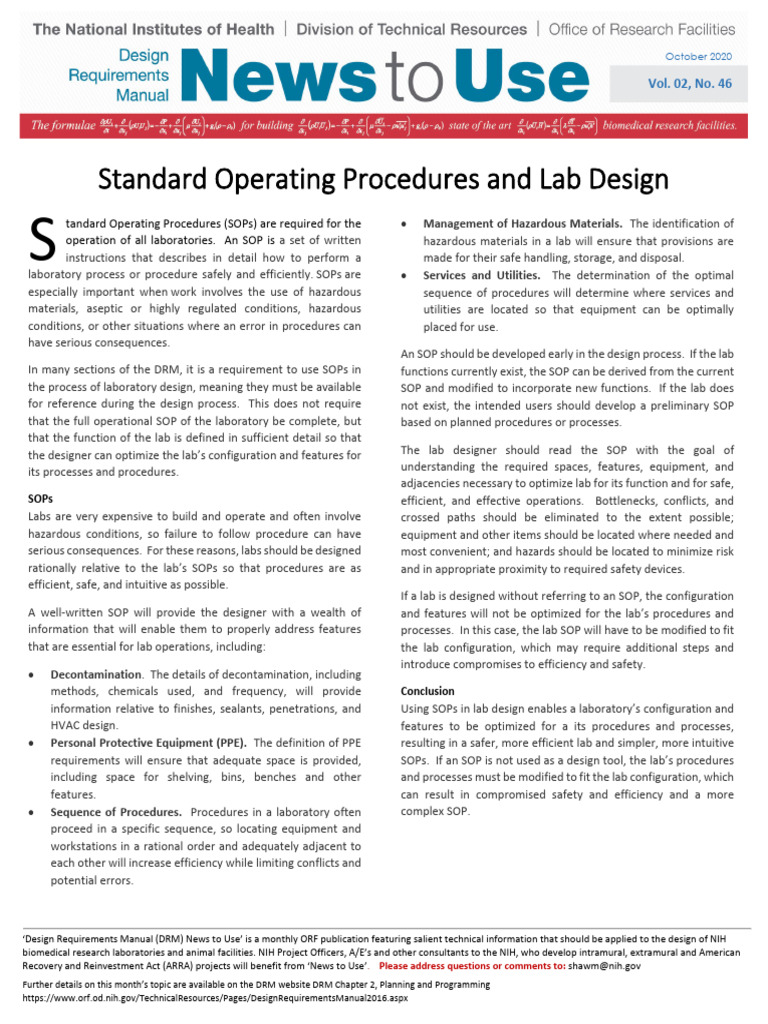 Standard Operating Procedures and Lab Designs-October 2020 News To Use ...