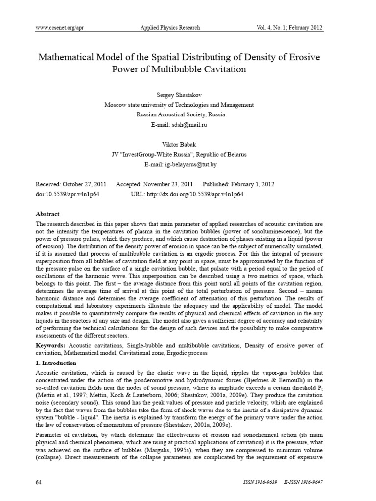 Mathematical Model of The Spatial Distributing of Density of Erosive Power of Multibubble ...