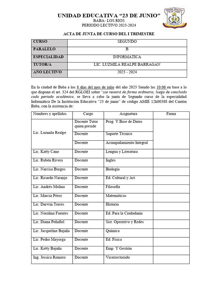ACTA DE JUNTA DE CURSO 2do INF B | PDF | Modificación de comportamiento | Aprendizaje