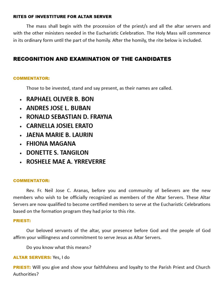 Rites of Investiture For Altar Server | PDF | Altar | Religious Rituals