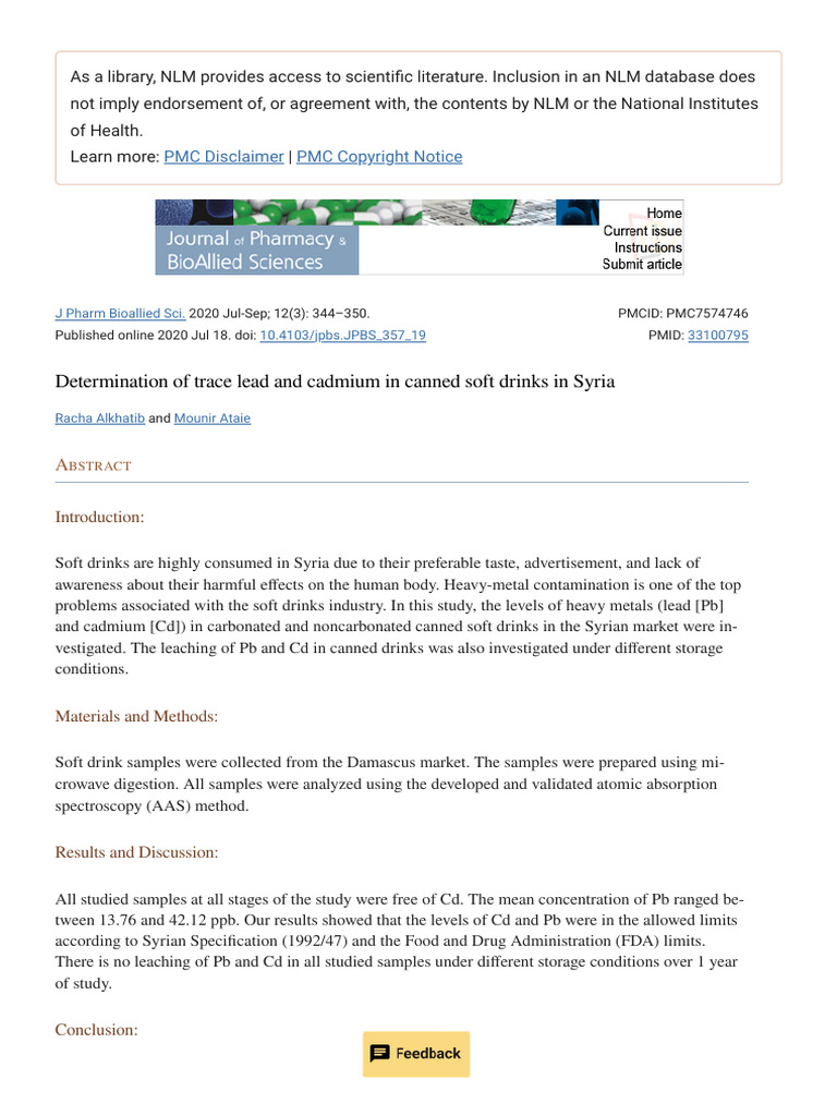 Determination of Trace Lead and Cadmium in Canned Soft Drinks in Syria ...