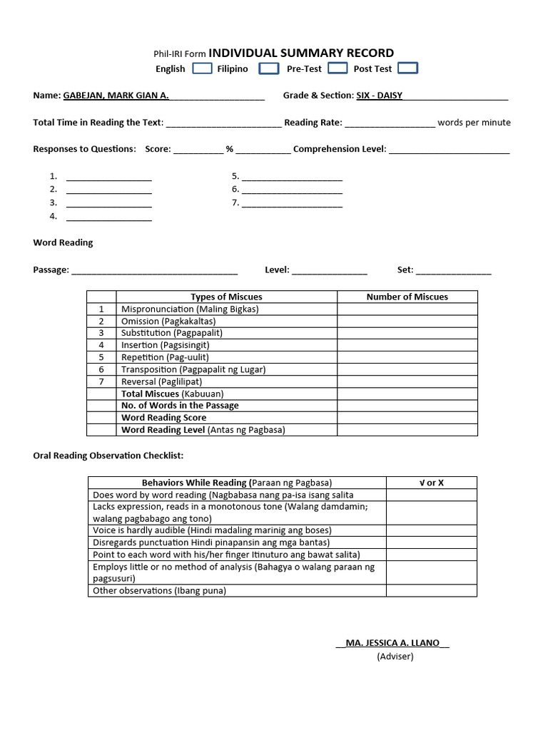 Individual Reading Profile | PDF