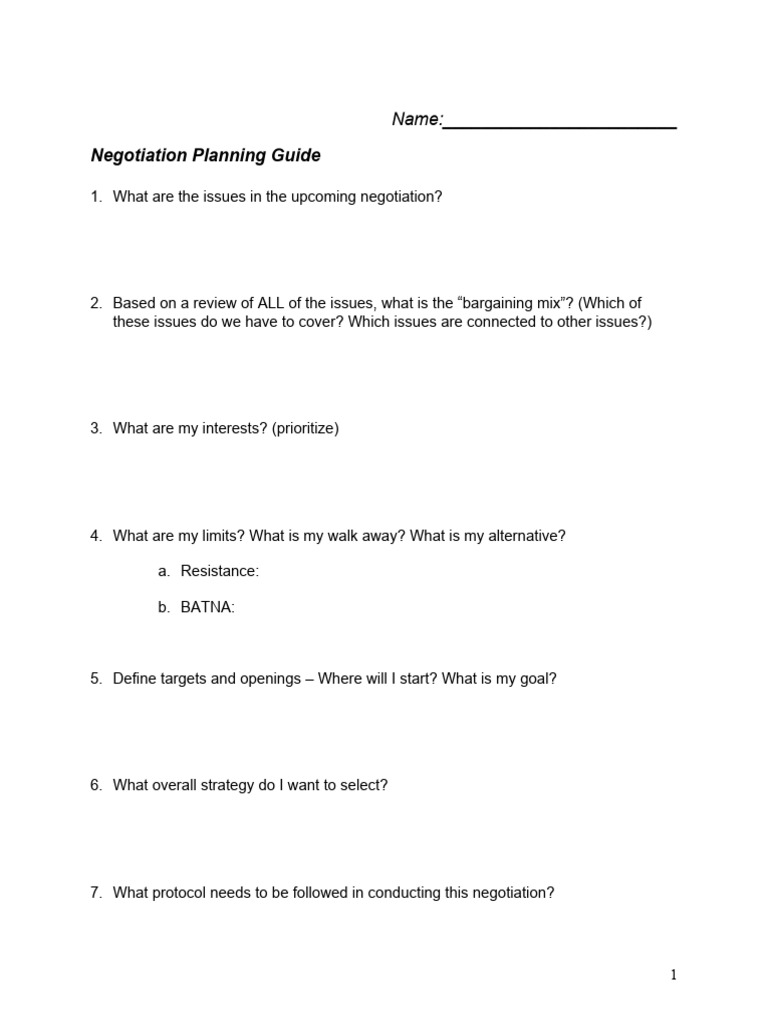 Negotiation Planning Guide Overview | PDF
