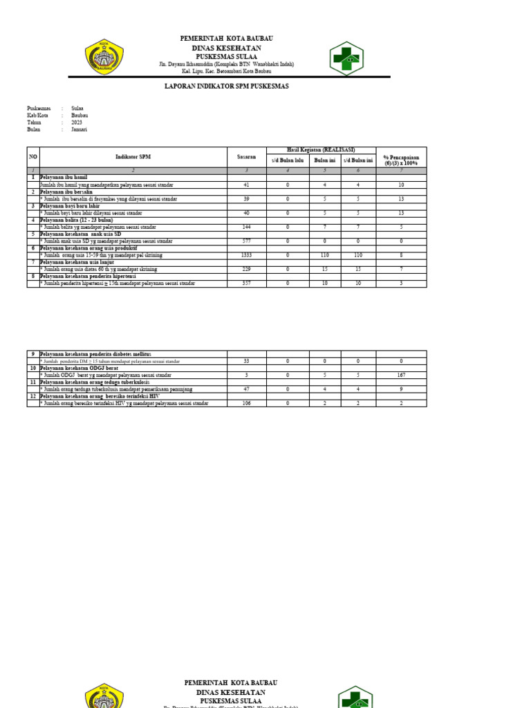 Laporan Indikator SPM Puskesmas Sulaa 2023 | PDF
