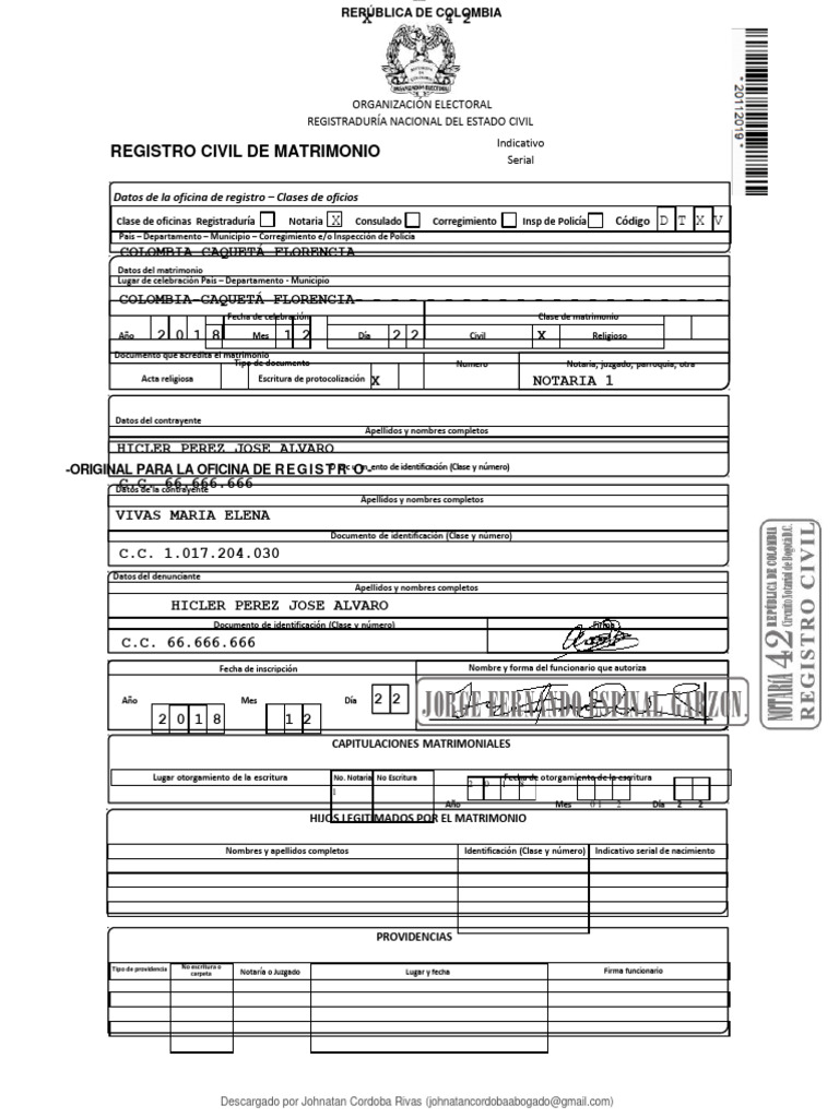 Modelo de Registro Civil de Matrimonio | PDF | Matrimonio, Sindicatos Y ...