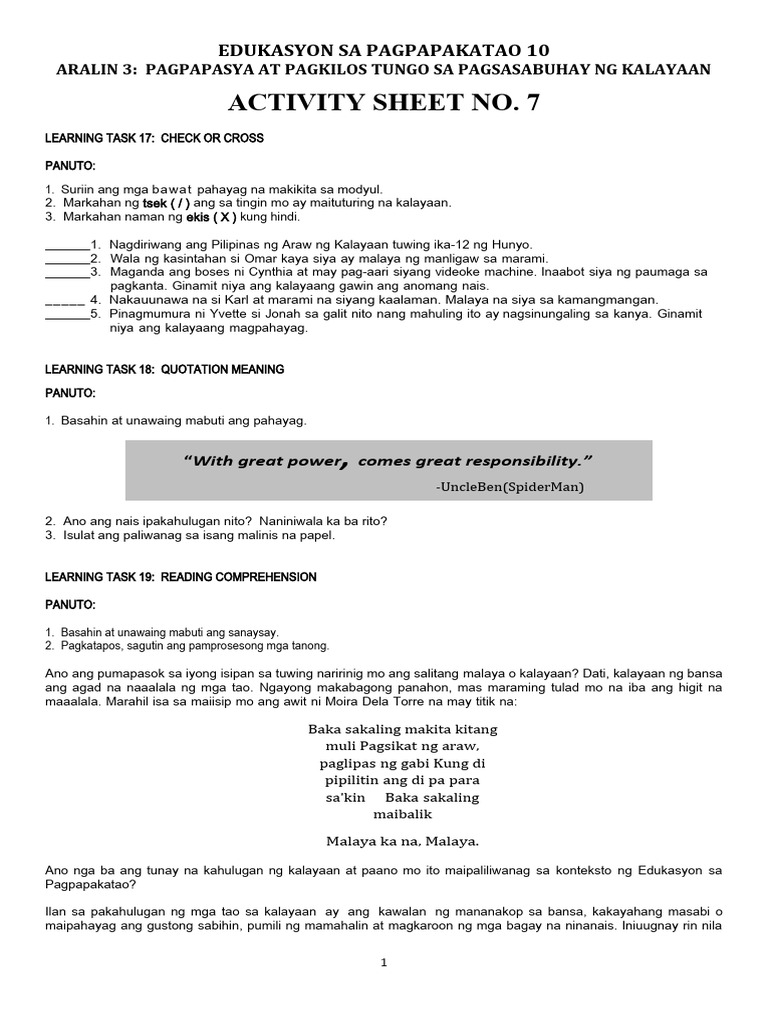 1st Quarter Esp 10 Aralin 3 Activity Sheet | PDF