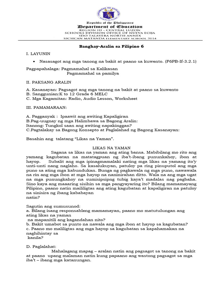 Banghay Aralin Sa Filipino 6 | PDF
