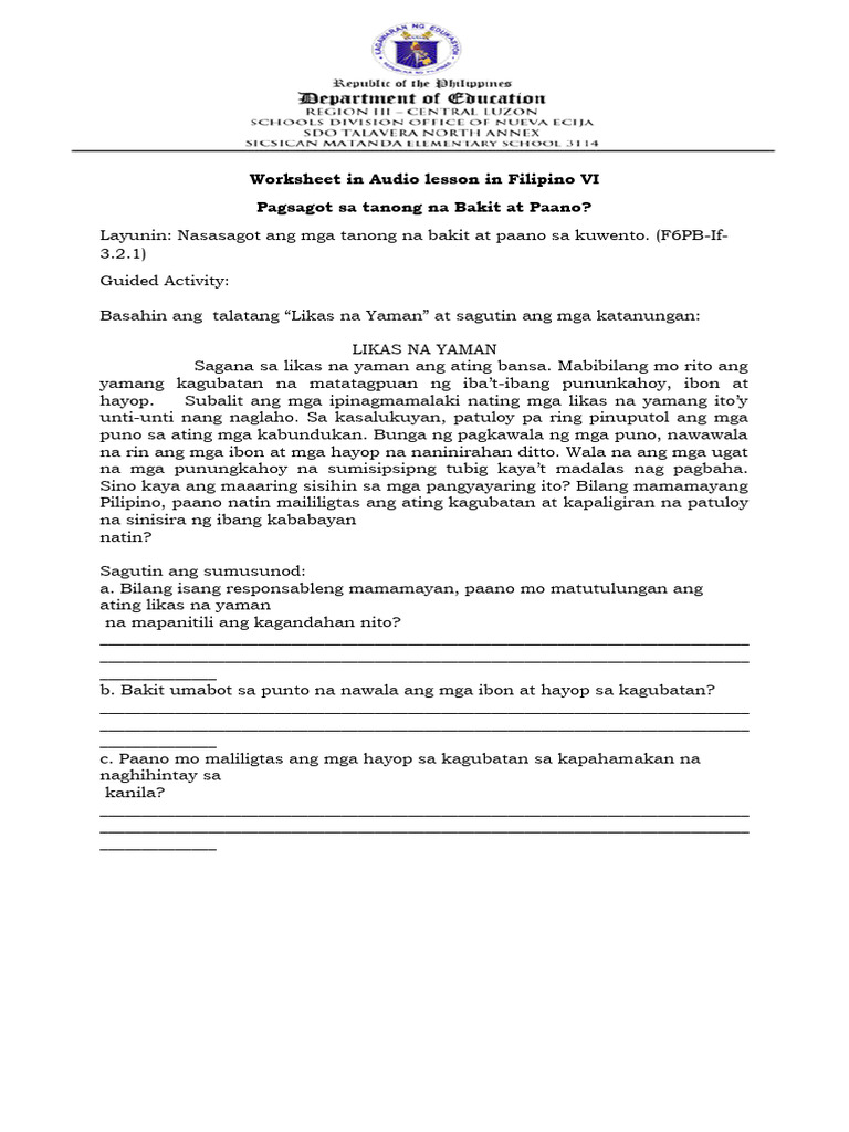 Worksheet in Filipino VI | PDF
