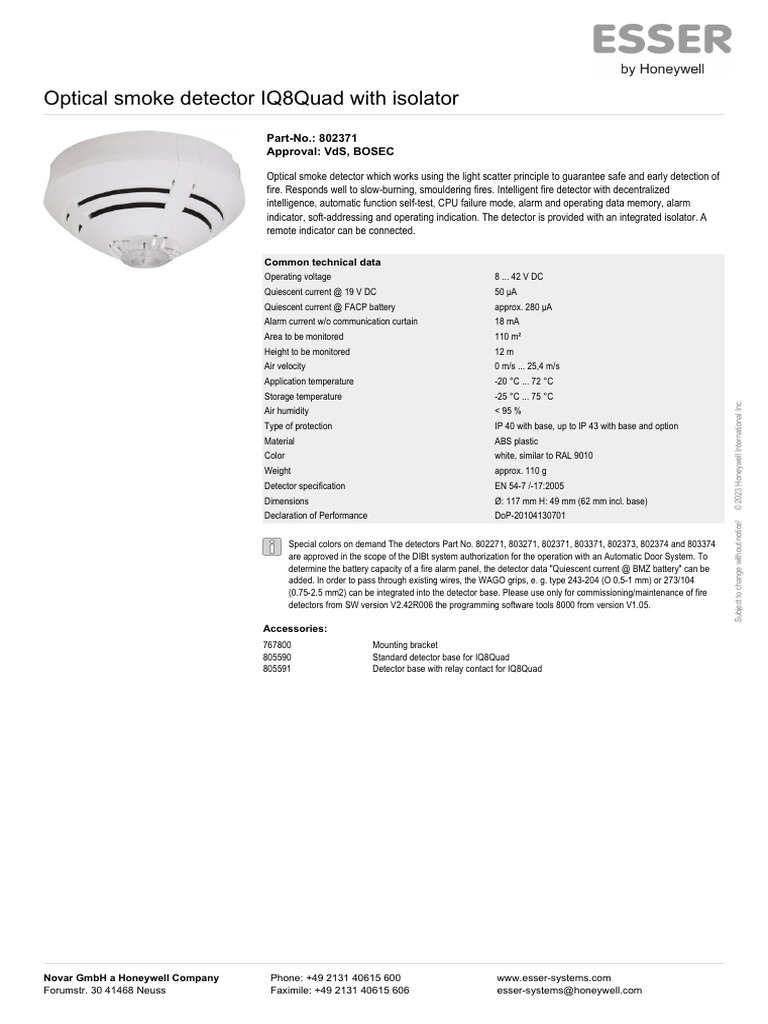 Fisa Tehnica Detector Optic de Fum Esser IQ8QUAD 802371 | PDF ...