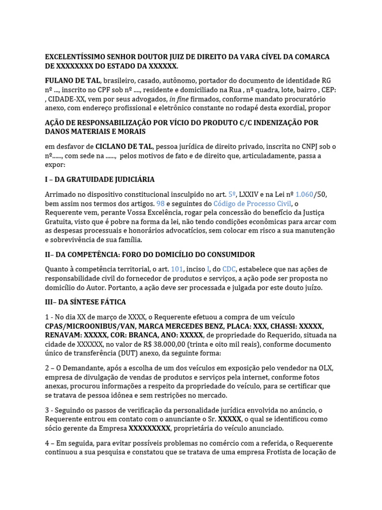 Modelo Acao de Responsabilizacao Por Vicio Do Produto C C Indenizacao ... Modelo Acao de Responsabilizacao Por Vicio Do Produto C C Indenizacao ...