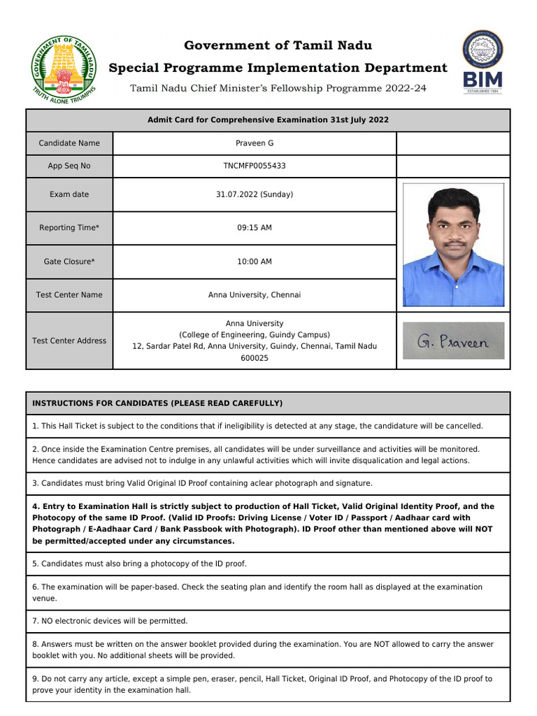 Hall Ticket For TNCMFP Comprehensive Exam TNCMFP-0000298 | PDF | Common ...