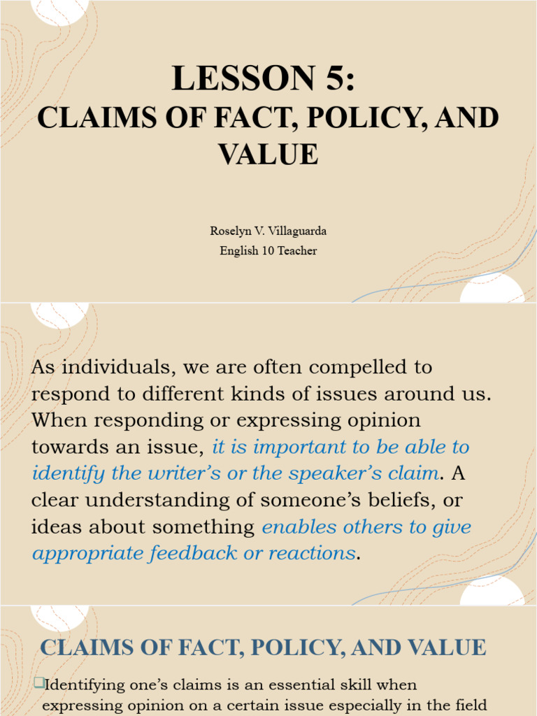 ENG 10 Q2 Lesson 5 Claims of Fact Value and Policy | PDF | Evidence
