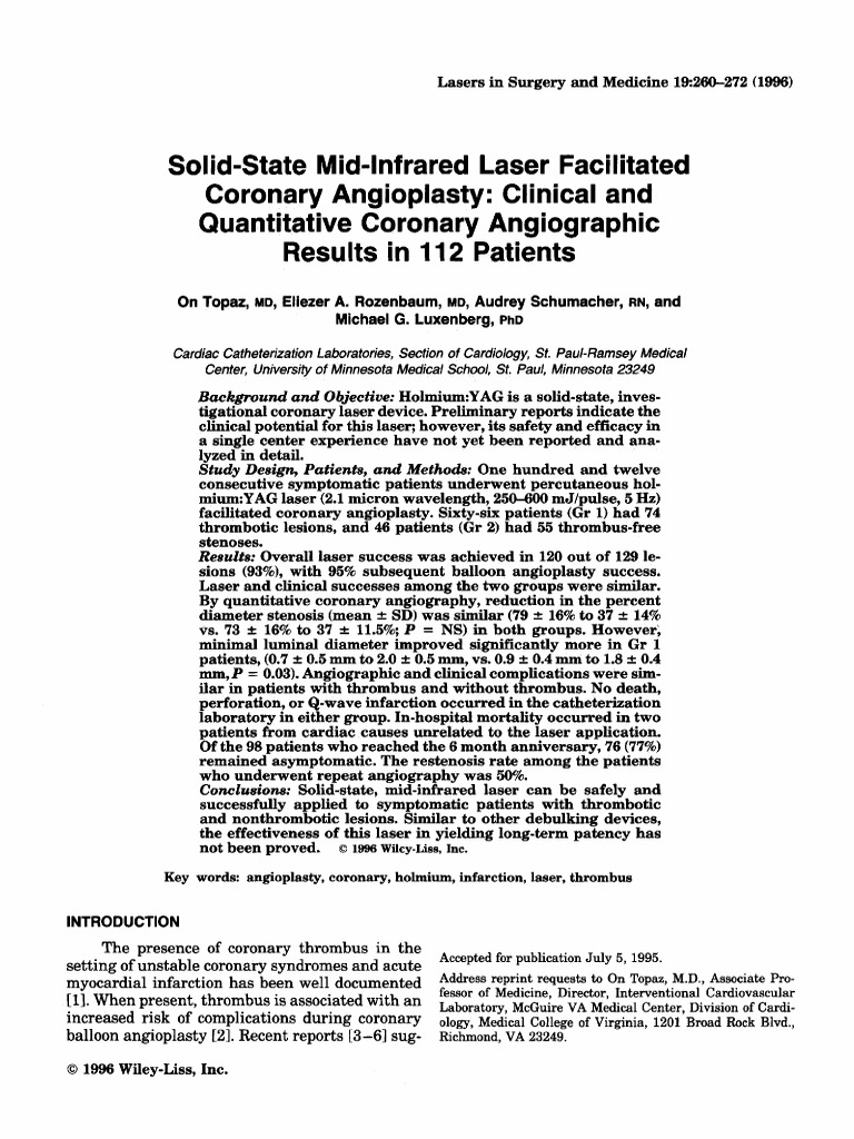 Solid-State Mid-Infrared Laser Facilitated Coronary Angioplasty: Clinical and Quantitative ...