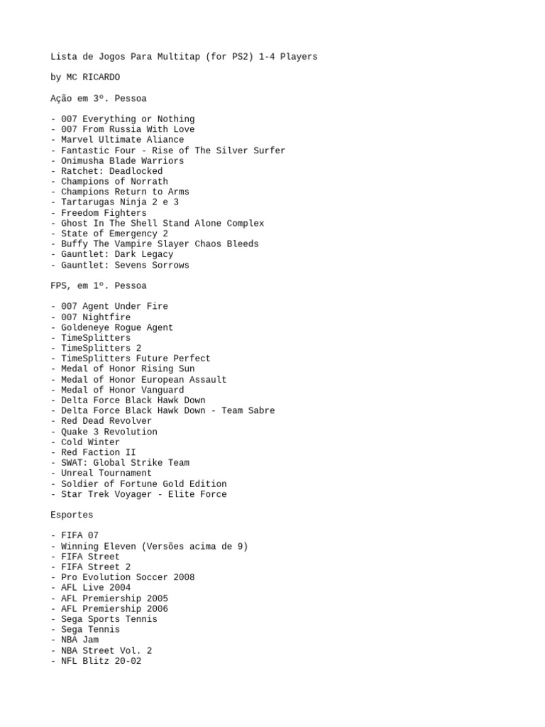 Lista de Jogos para Multitap PS2 | PDF