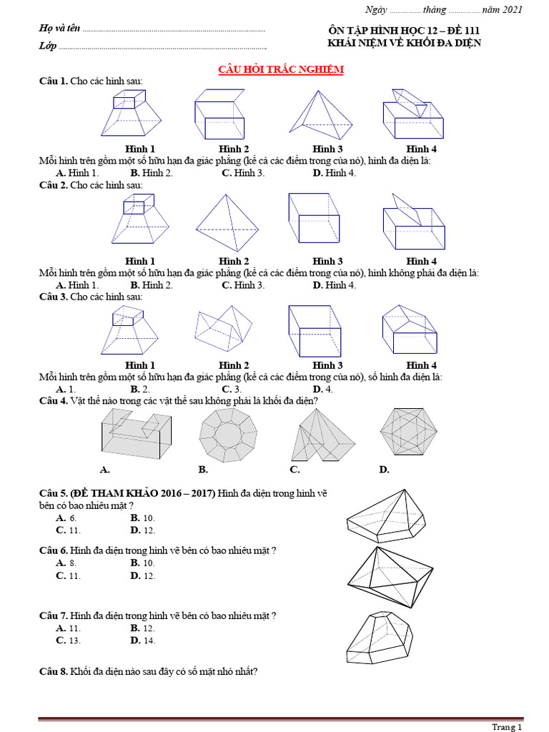 11 BT TN Khai Niem Ve Khoi Da Dien | PDF