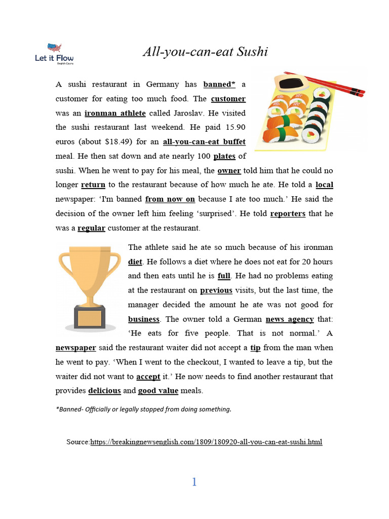 All You Can Eat Sushi Reading Comprehension Worksheet - 154853 | PDF ...
