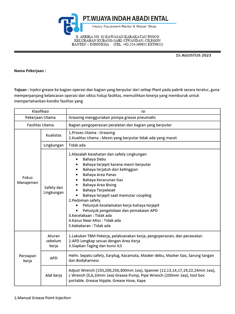 SOP KETINGGIAN - Grease | PDF