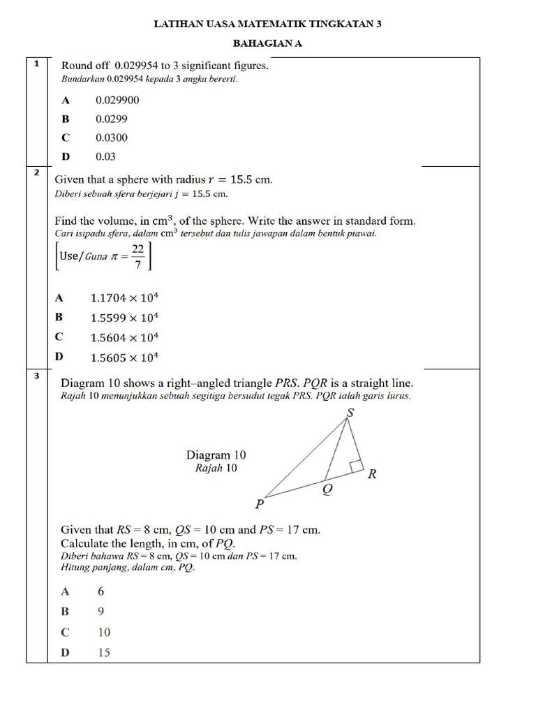 Latihan Uasa Matematik Tingkatan 3 Set 3 | PDF